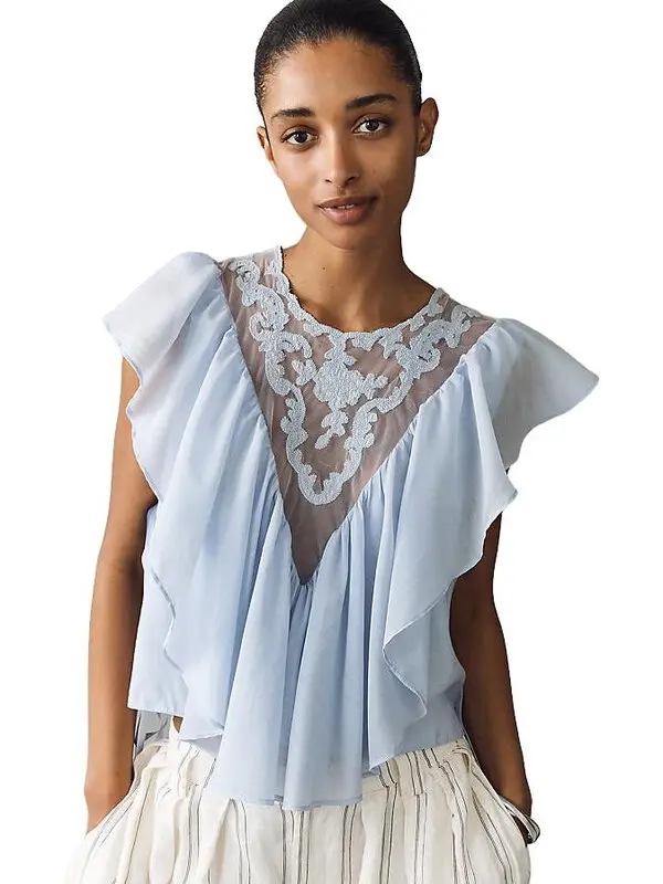Anthropologie Sheer Ruffle Top With Paneled Detailing - Light Blue