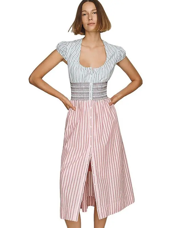 Maeve Cotton Smocked Midi Dress With Ruffled Hem - Blue/ Pink Combo