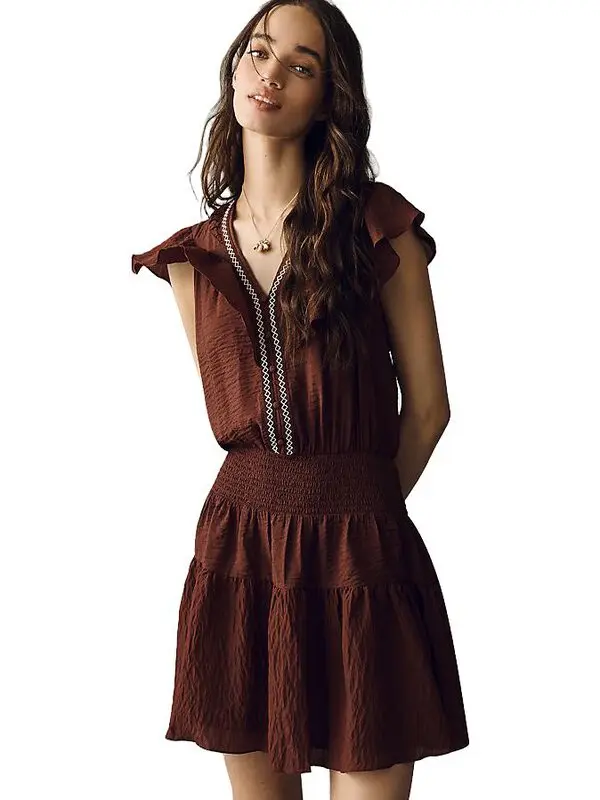 Anthropologie Smocked Ruffle Mini Dress - Rum Raisin