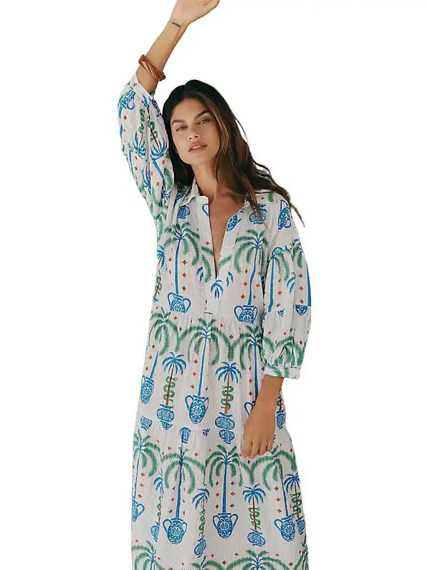 CELANDINE X Tigre Indigo Carolita Tiered Shirt Dress - Blue Green