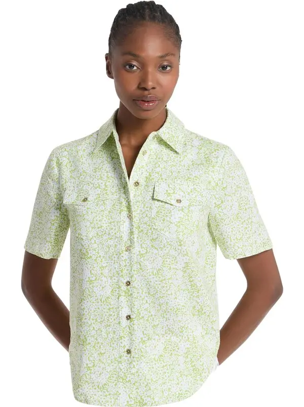 Michael Kors Floral Print Linen Blend Camp Shirt - Green