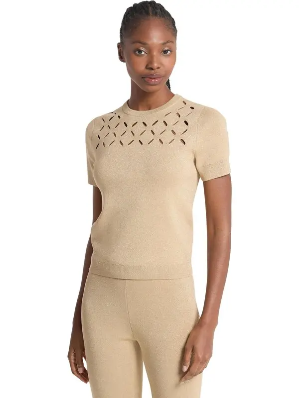 Michael Kors Laser Cut Metallic Stretch Knit Top - Gold