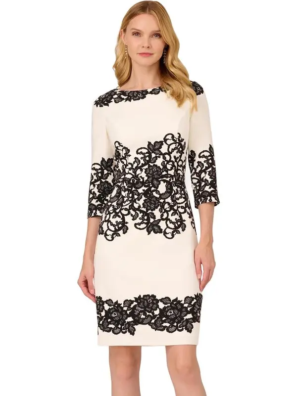 Adrianna Papell Scroll Lace Three-quarter Sleeve Midi Dress - Ivory/black