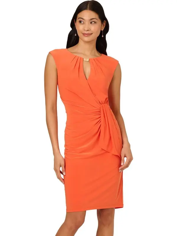 Adrianna Papell Sleeveless Jersey Keyhole Draped Sheath Dress - Papaya