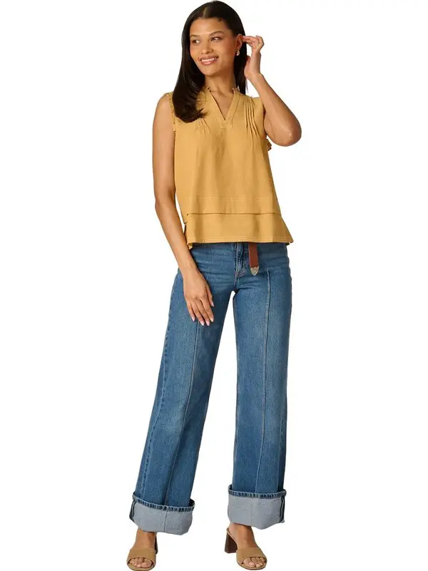 Adrianna Papell Pintuck Ruffle Crinkle Tank Top - Golden Maize/ivory