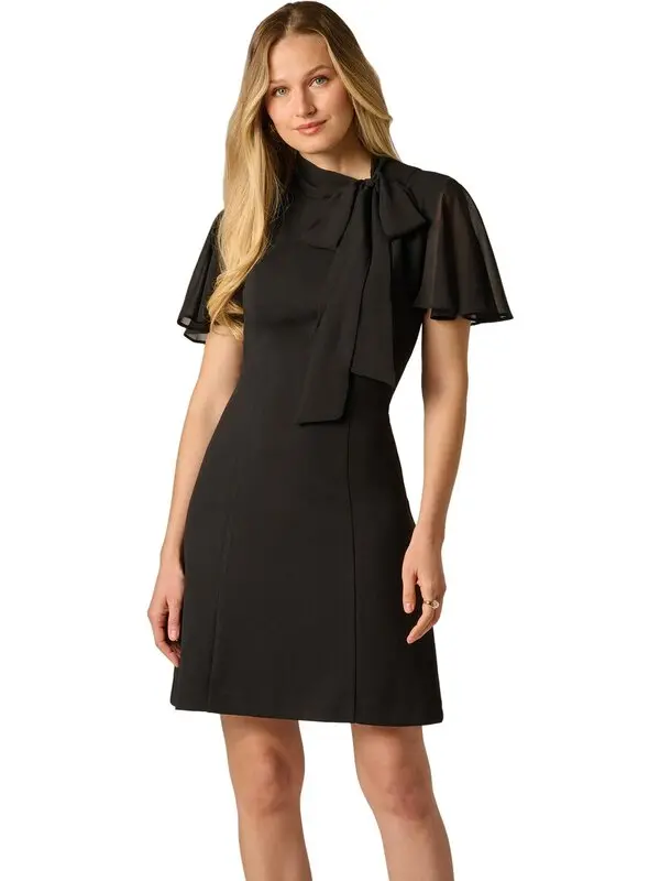 Adrianna Papell Flutter Sleeve Tie Neck Stretch Dress - Black