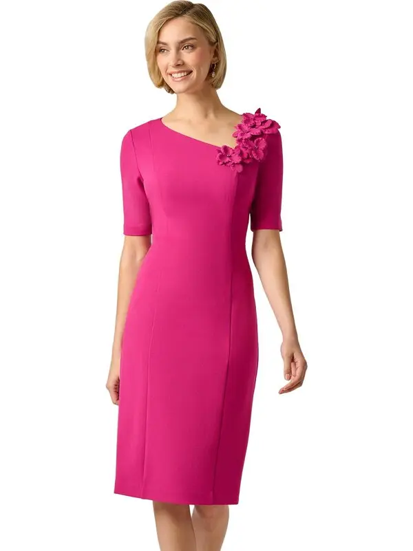 Adrianna Papell Short Sleeve Stretch Crepe Sheath Dress With Floral Appliques - Bright Magenta