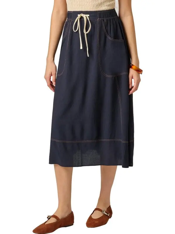 Adrianna Papell Drawstring Crinkle A-line Midi Skirt - Navy/khaki