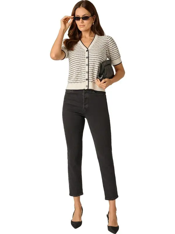 Adrianna Papell Short Sleeve V-neck Cardigan Sweater - Ivory/navy