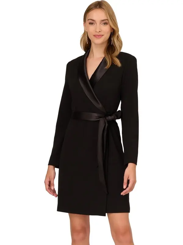 Adrianna Papell Long Sleeve Crepe Dress With Tuxedo Collar And Belted Waist - Black