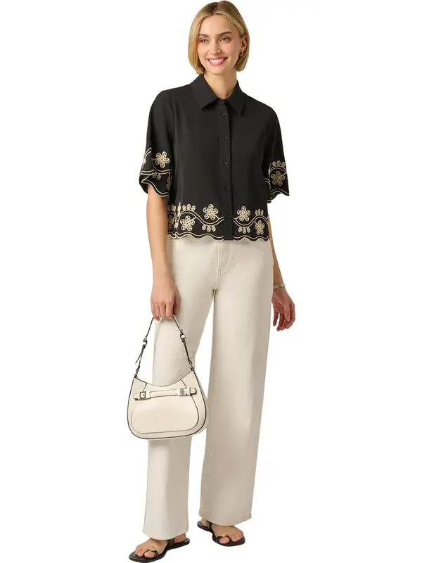 Adrianna Papell Short Sleeve Floral Embroidery Blouse - Black/ivory
