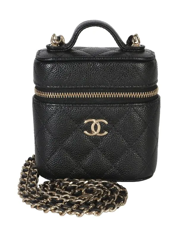 Chanel Quilted Caviar Handle Vanity Case With Chain - Black