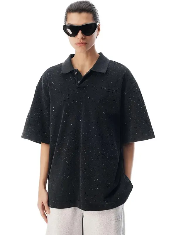 Alexander Wang Crystal Embellished Short Sleeve Polo - Washed Black