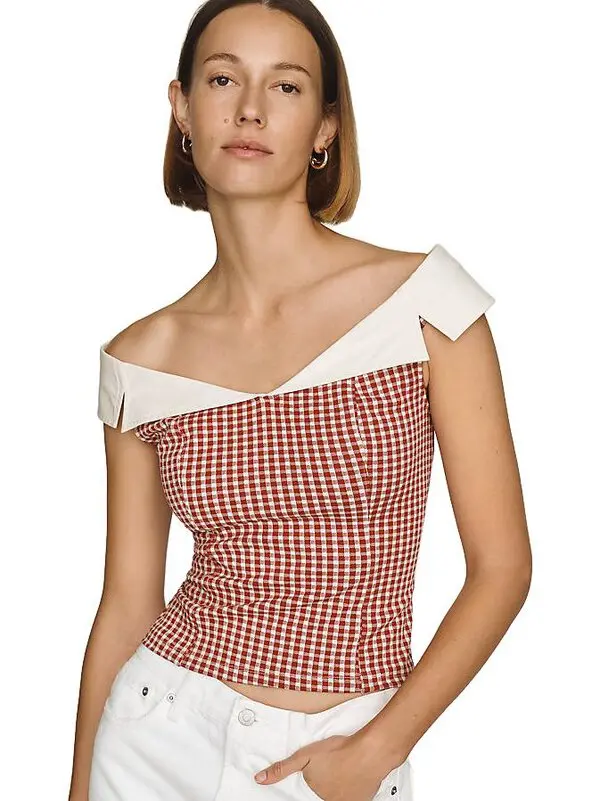 Maeve Off-shoulder Collared Top - Red Gingham