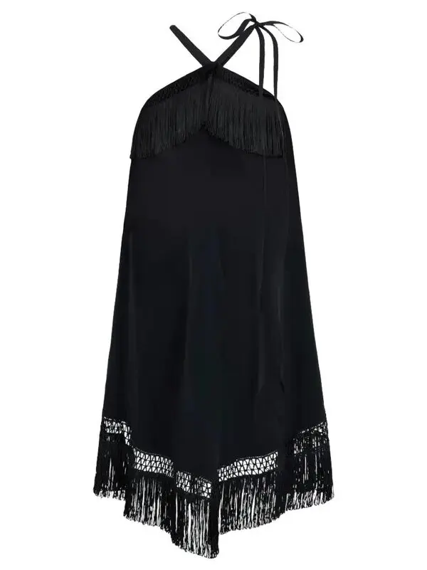 LES FILLES D'EVA Crochet Knit Halterneck Fringe Trim Dress - Black