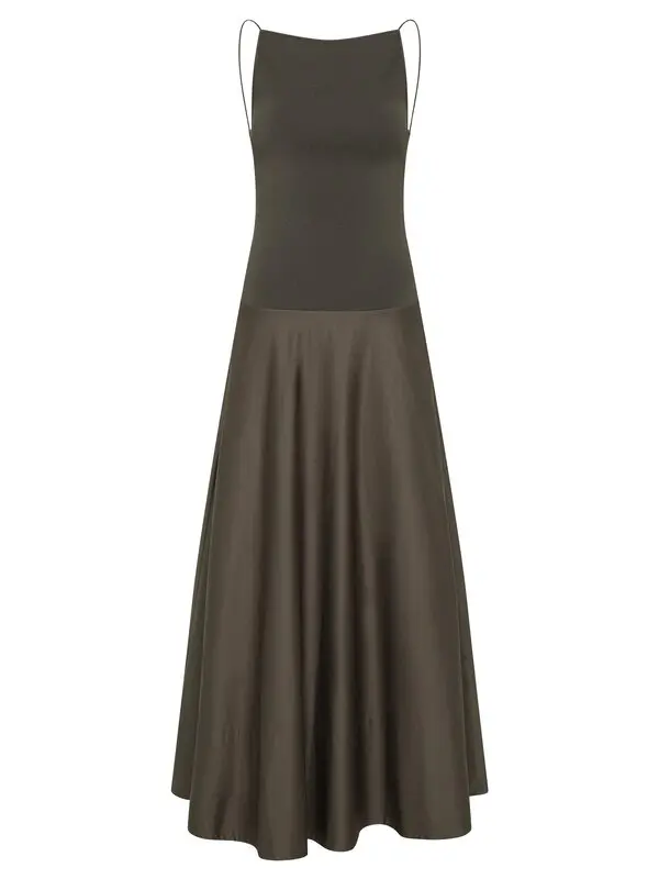 ST. AGNI Backless Square Neck Maxi Dress With Knitted Bodice And Poplin Skirt - Khaki