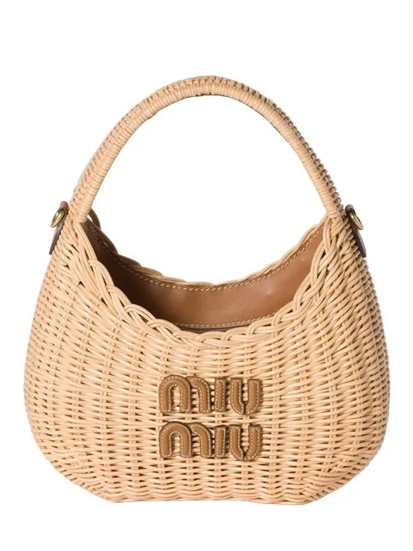 Miu Miu Wicker Handbag With Leather Trim - Natural