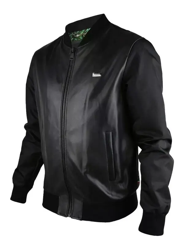 Philipp Plein Leather Bomber Jacket With Logo Plaque - Black