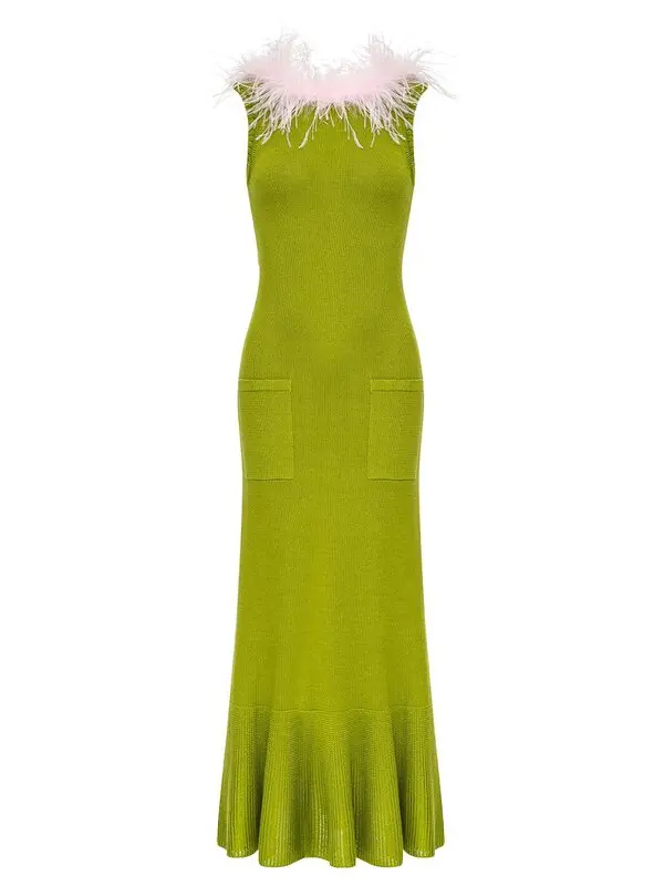 ANDREEVA Knit Dress With Feather Trim And Open Back - Green