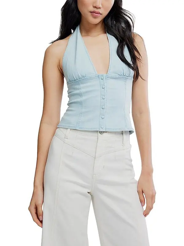 Free People Ramona Denim Halter Top - Light Sky