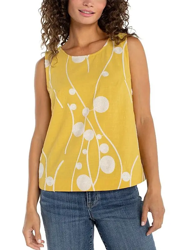LIVERPOOL Sleeveless Button Back Top With Embroidery - Yellow/cream Embroidery