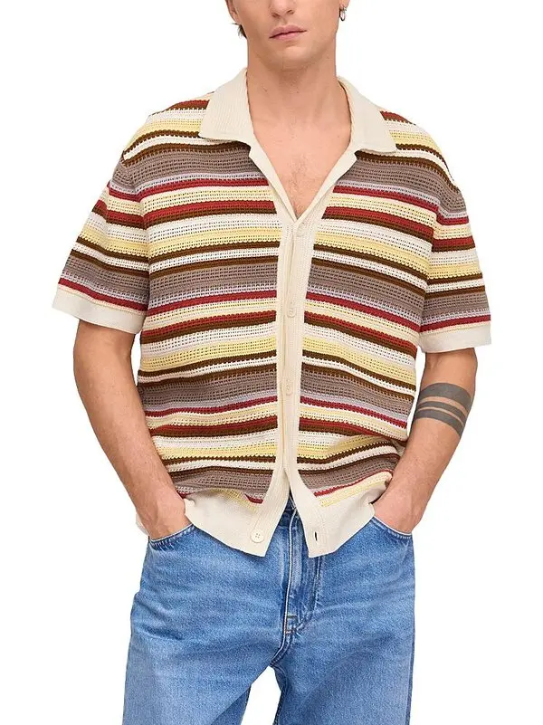Nn07 Striped Crochet Polo Cardigan - Ivory