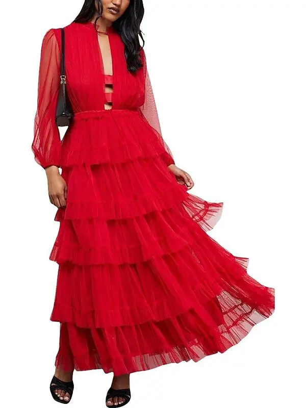 WAREHOUSE Ruffled Tulle Maxi Dress - Red
