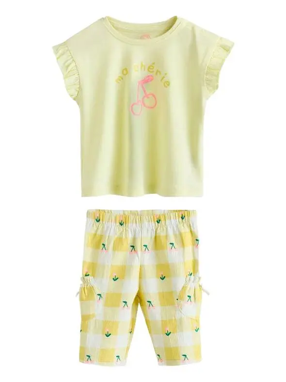 NEXT Ma Chérie Graphic Cherry T-shirt And Gingham Pants Set - Yellow