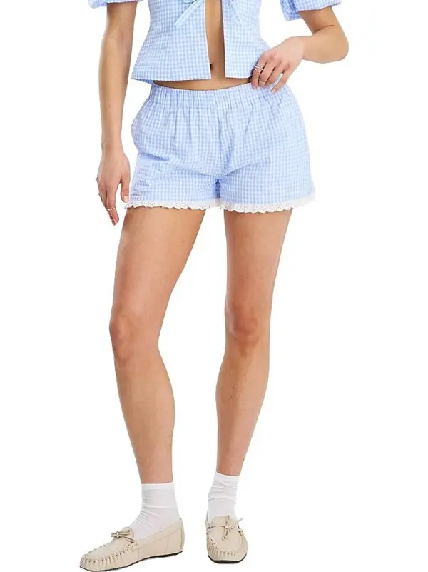 MISS CIRCLE Baby Gingham Lace Trim Shorts - Blue