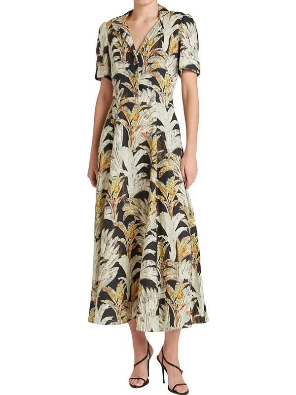 TEMPERLEY LONDON Baxter Linen Shirt Dress With Tropical Print - Black Khaki