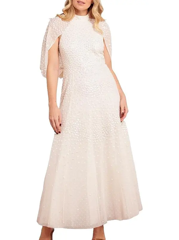 NEEDLE & THREAD Scallop Sequin Cape Ankle Gown - Cream