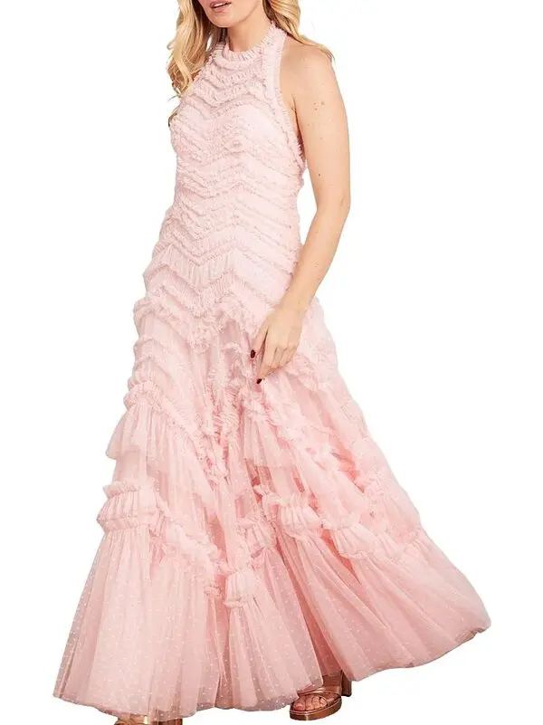 NEEDLE & THREAD Elia Halter Neck Ruffle Tulle Maxi Gown - Seashell