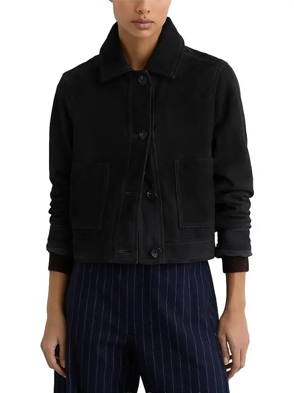 REISS Petites Sonny Suede Trucker Jacket - Navy