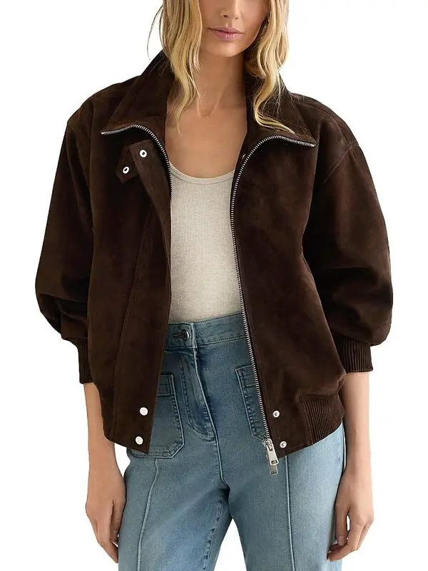 REISS Cara Suede Zip-up Jacket - Chocolate
