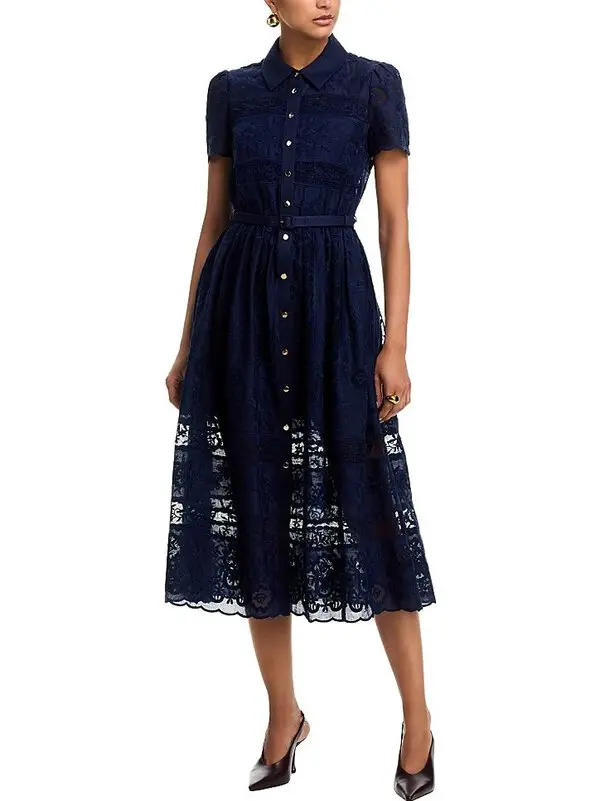 SELF-PORTRAIT Ramie Collared Midi Dress - Navy