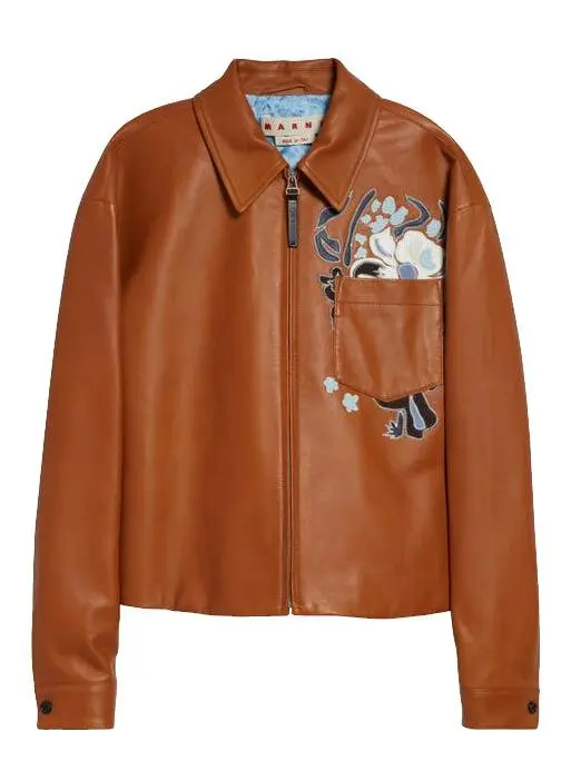 Marni Flower Intarsia Leather Overshirt - Rust