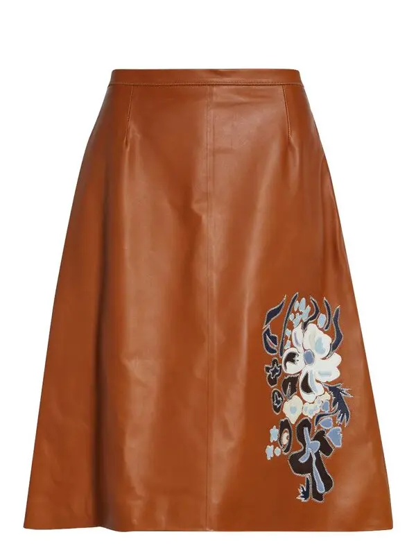 Marni Flower Intarsia Leather Skirt - Rust