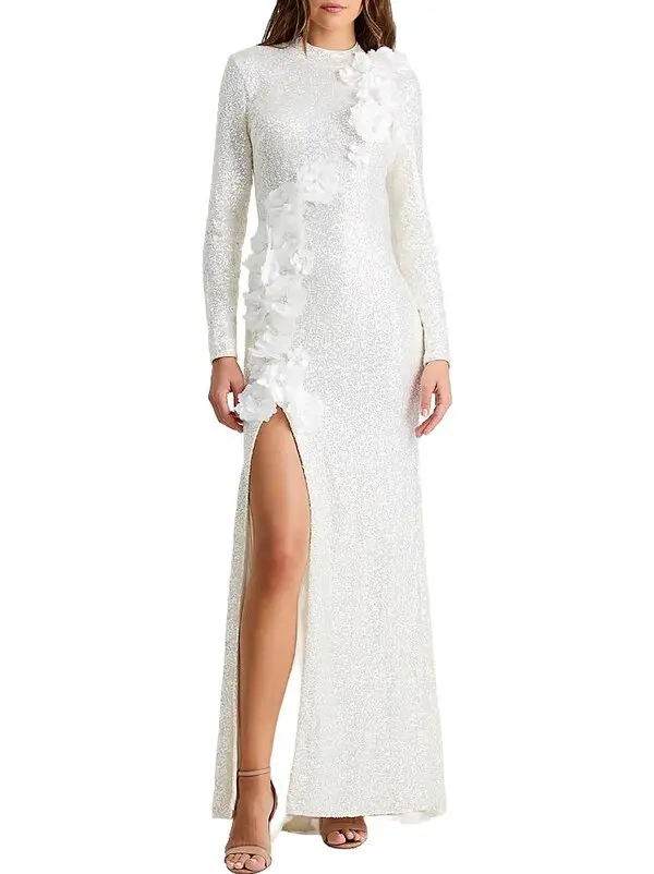 HELSI Tracy Fitted 3d Floral Sequin Long Sleeve Gown - Cream
