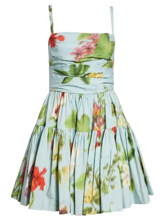 Oscar De La Renta Chiné Floral Print Ruched Cotton Stretch Poplin Sundress - Saltwater Multi