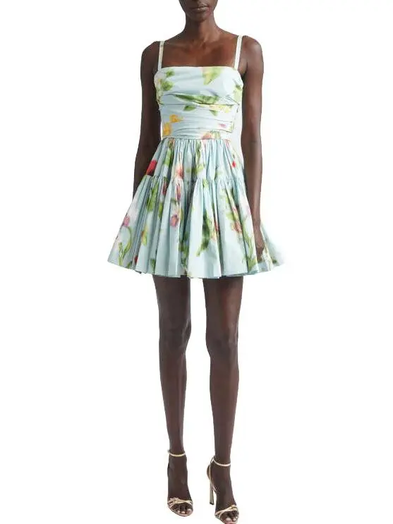 Oscar De La Renta Chiné Floral Print Ruched Cotton Stretch Poplin Sundress - Saltwater Multi