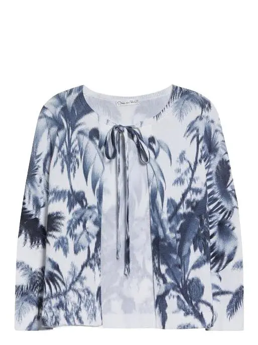 Oscar De La Renta Print Palm Leaf Cotton Blend Cardigan - Navy/white