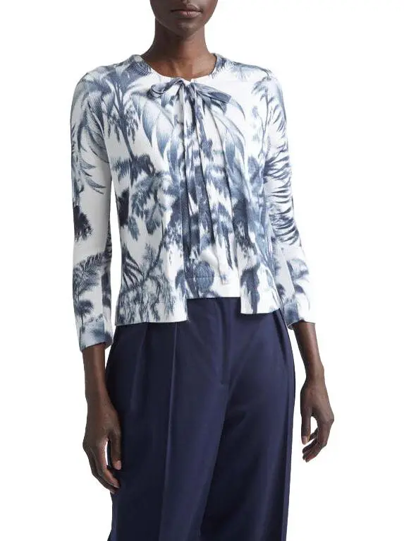 Oscar De La Renta Print Palm Leaf Cotton Blend Cardigan - Navy/white