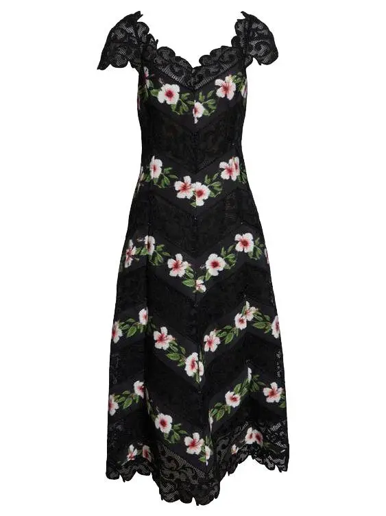 Oscar De La Renta Chiné Hibiscus Stripe Faille Midi Dress - Black