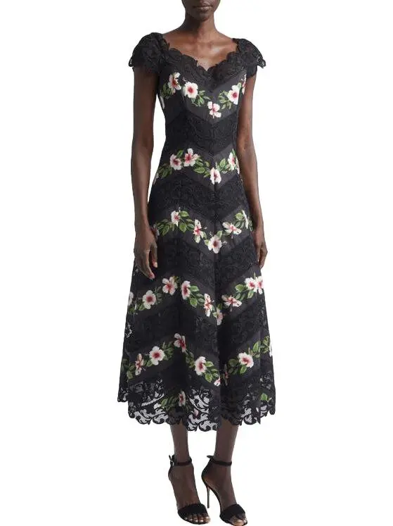Oscar De La Renta Chiné Hibiscus Stripe Faille Midi Dress - Black