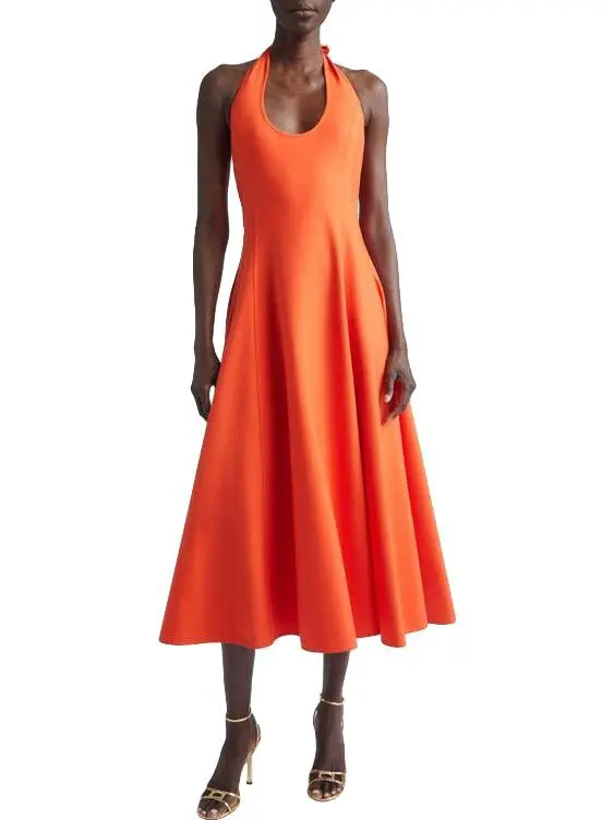 Oscar De La Renta Halter Neck Stretch Wool Fit & Flare Dress - Paprika