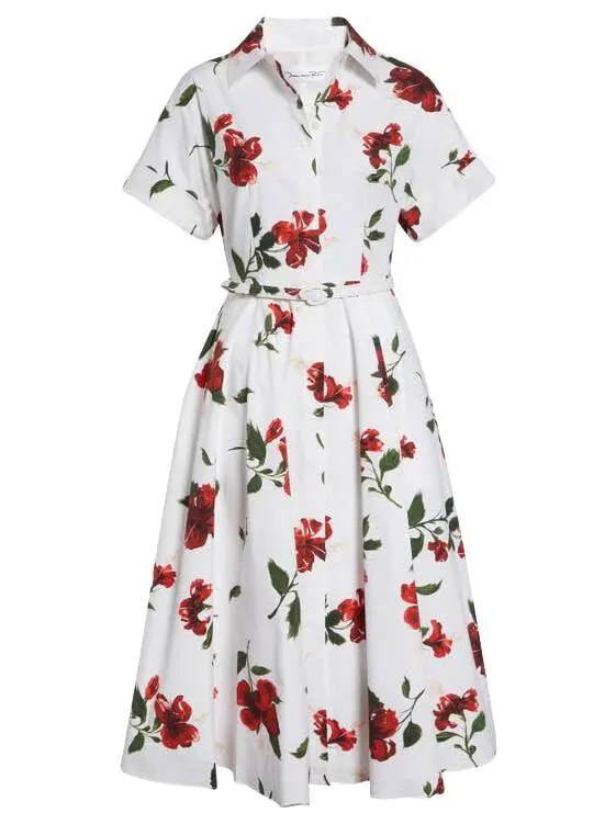 Oscar De La Renta Chiné Hibiscus Cotton Stretch Poplin Midi Shirtdress - Red/white