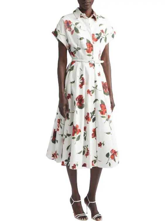 Oscar De La Renta Chiné Hibiscus Cotton Stretch Poplin Midi Shirtdress - Red/white