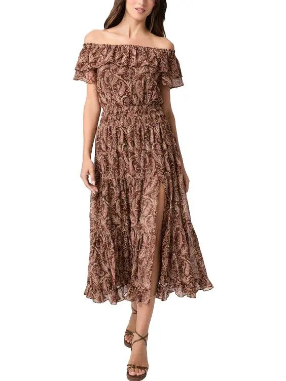 Paige Alistar Print Ruffle Off The Shoulder Silk Midi Dress - Oak Multi