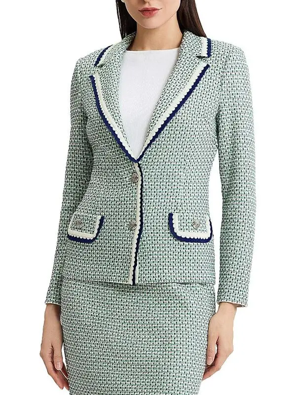 Ming Wang Tailored Jacquard Basketweave Knit Blazer With Faux Crochet Trim - Kelly Green/indigo/ivory