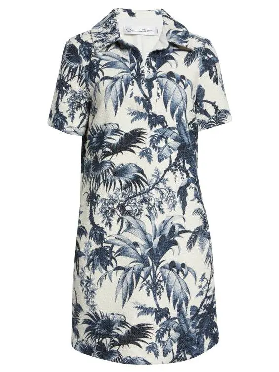 Oscar De La Renta Palm Leaves Print Cotton & Wool Blend Tweed Dress - Navy/ivory